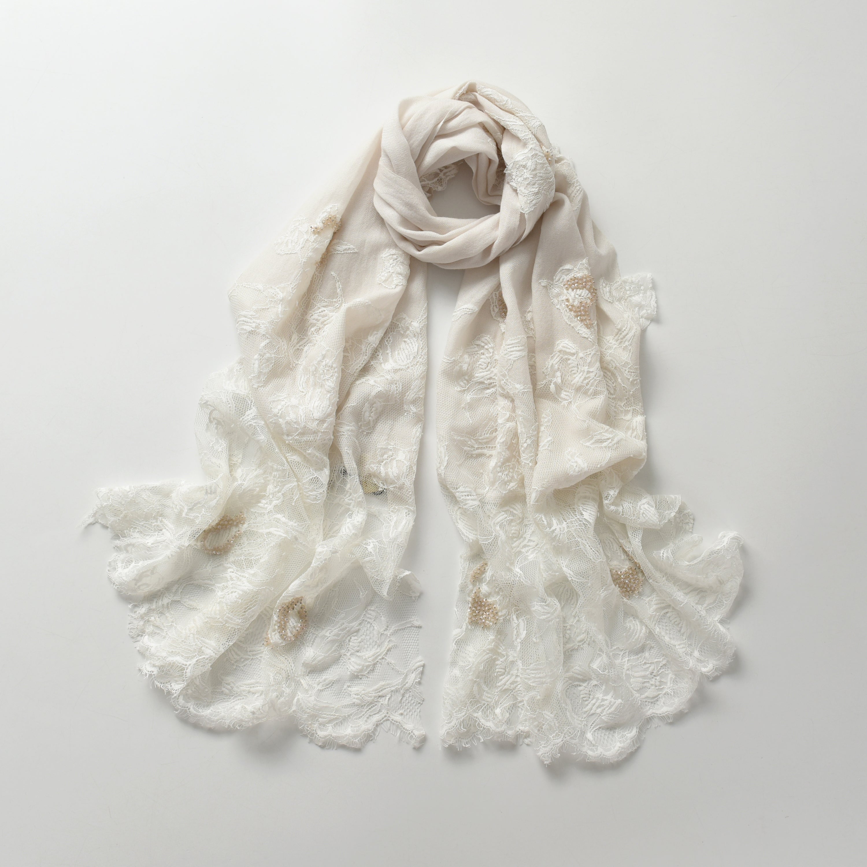 Hand Sewn Lace on Cashmere Silk Scarf in White - Made in India – GALLERIA